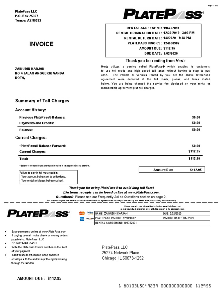 Platepass Invoice | PDF | Toll Road | Receipt