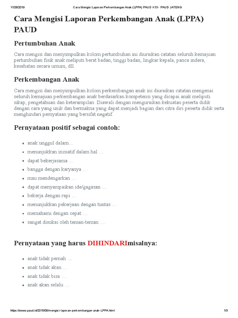 Cara Mengisi Laporan Perkembangan Anak (LPPA) PAUD K13 - PAUD JATENG | PDF | Kesehatan Holistik