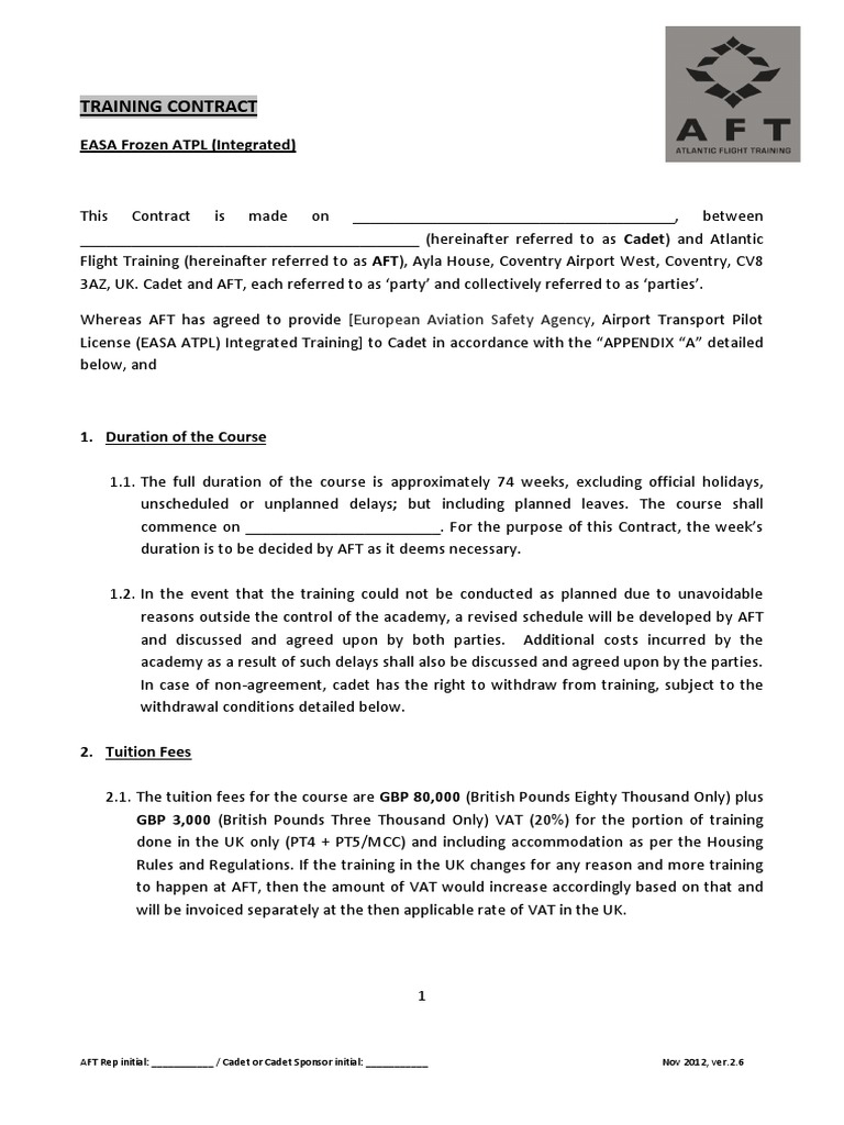 AFT Training Agreement - EASA Integrated VER2.6 | PDF | Indemnity ...