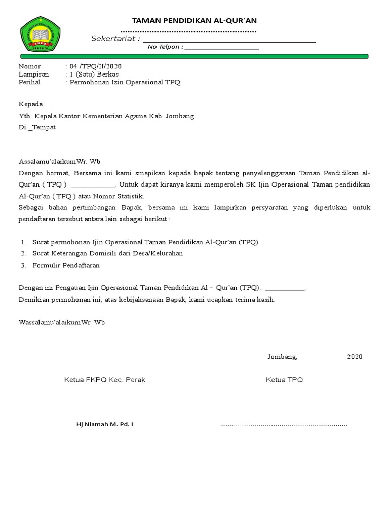 Contoh Surat Permohonan TPQ Baru | PDF