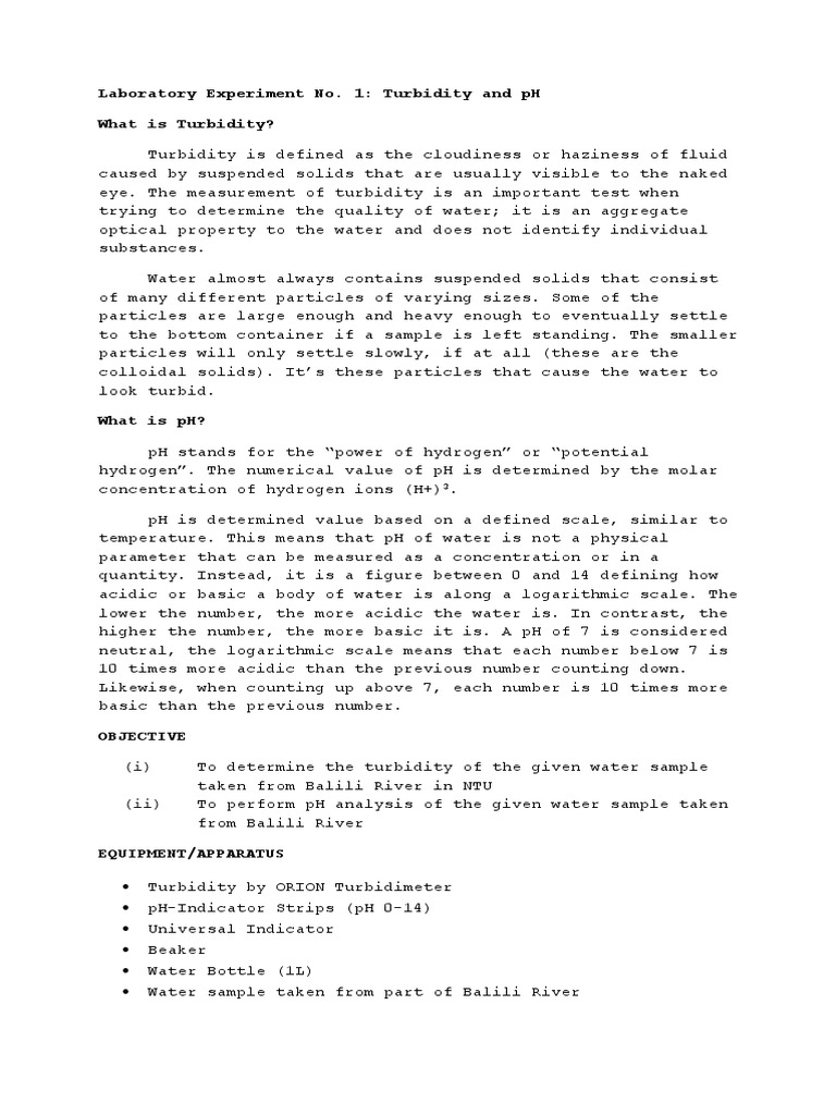 Laboratory Experiment No1 Turbidity and PH | PDF | Ph | Water