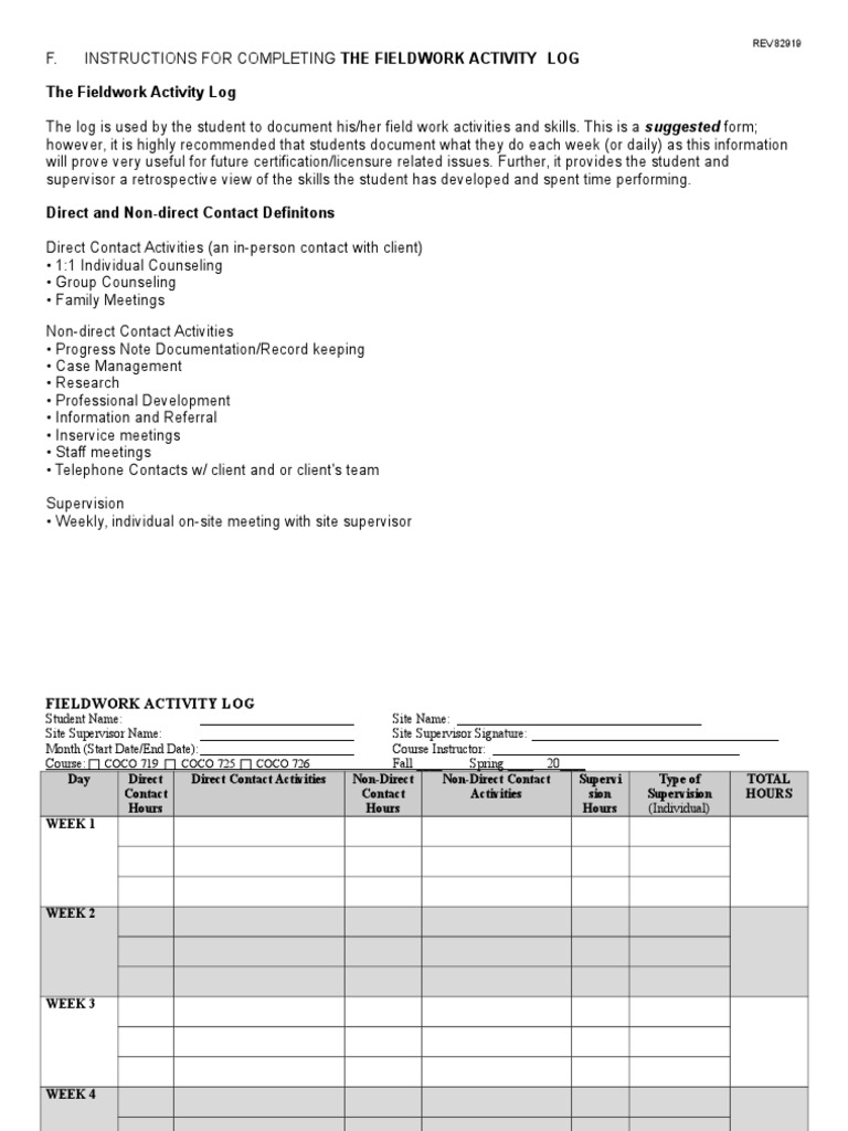 Fieldwork Activity Log & Instructions Monthly - Revised August 2019 | PDF