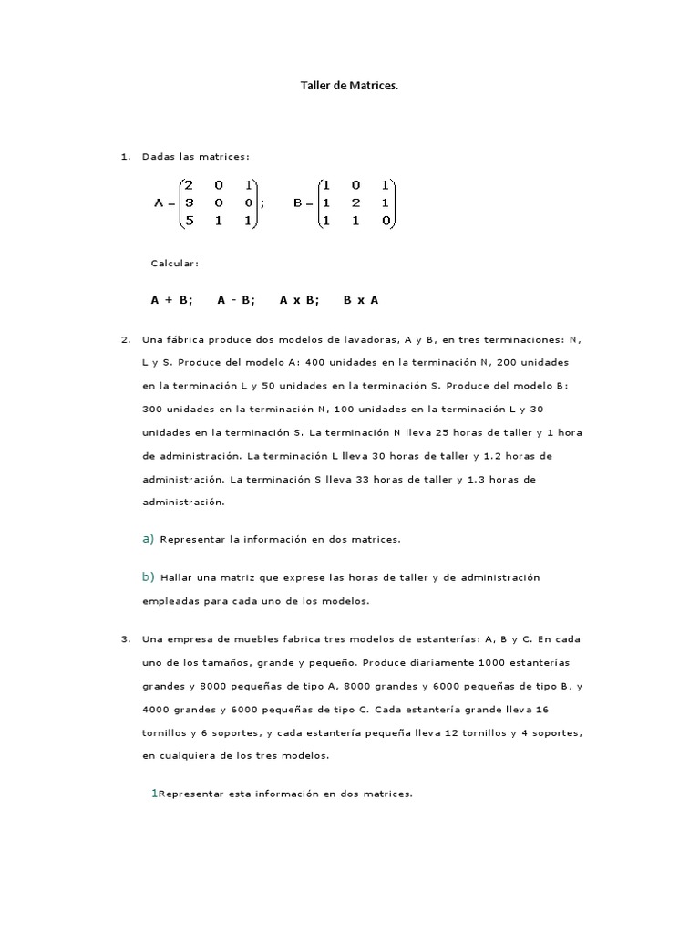 16 Taller de Matrices | PDF | Matriz (Matemáticas) | Business