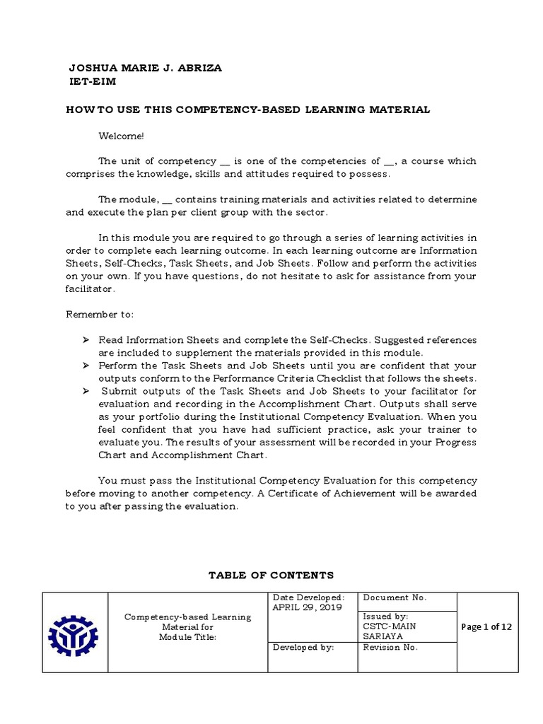 CBLM Template | PDF | Electrical Wiring | Test (Assessment)