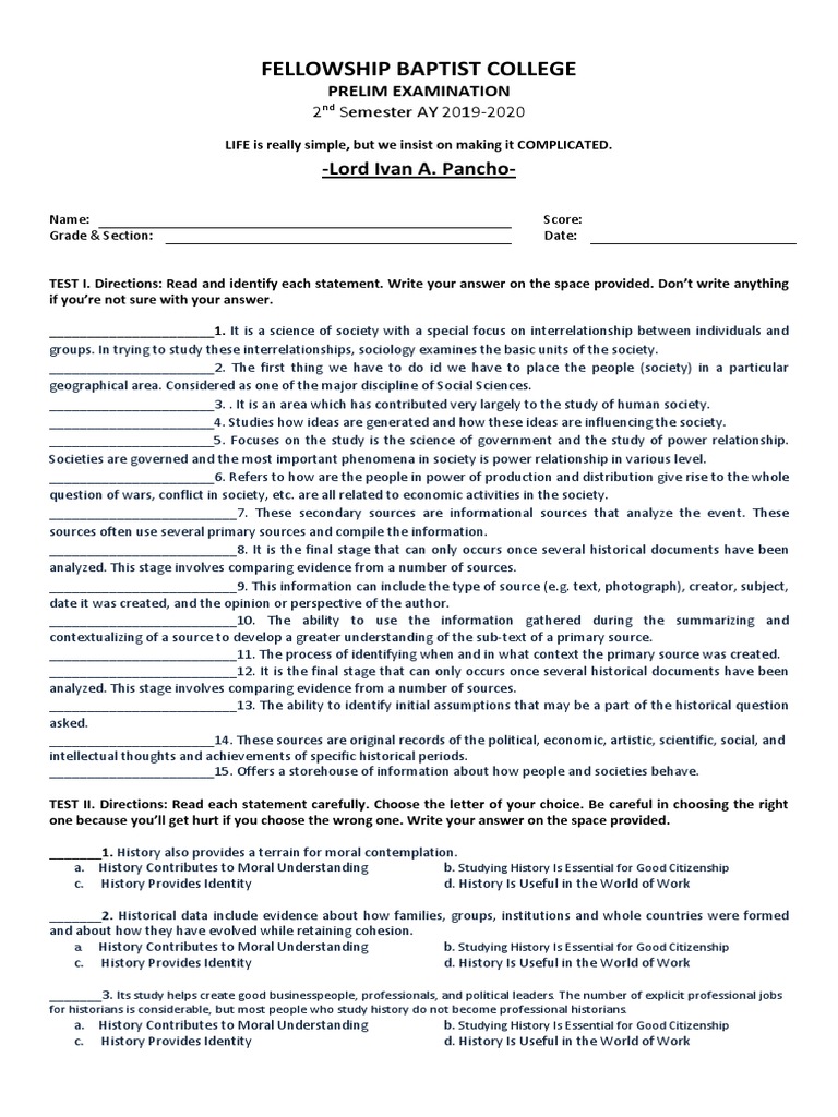 RPH Exam-Fbc | PDF | Historian | Primary Sources