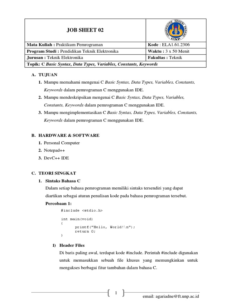 (2020) Job Sheet 2 - C Basic Syntax, Data Types, Variables, Constants ...
