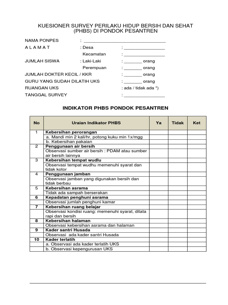 KUESIONER SURVEY PHBS DI PONDOK PESANTREN | PDF