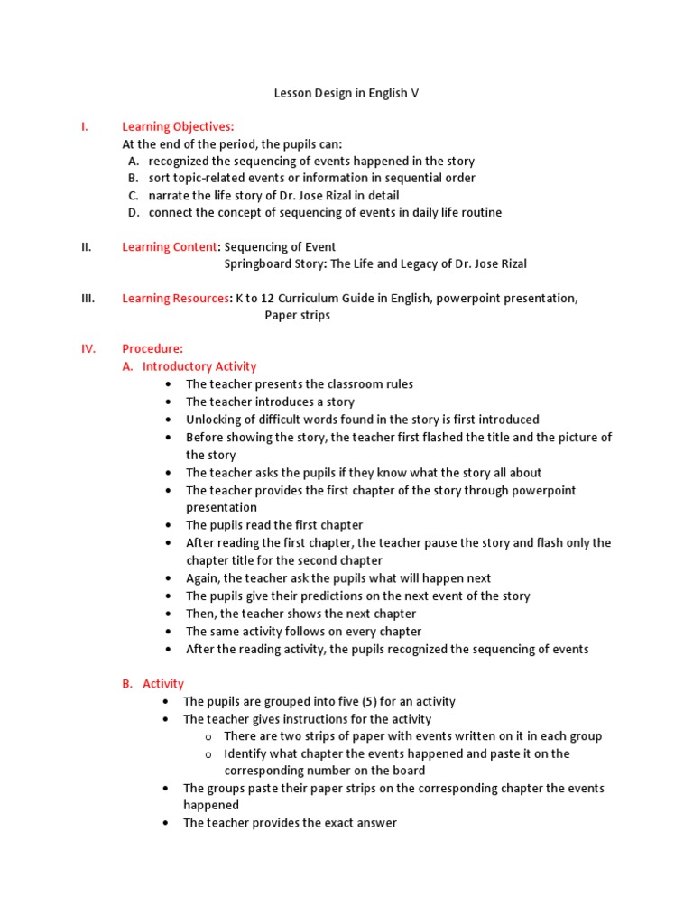 Sequencing Events Lesson Plan for Grade 1 | PDF | Lesson Plan | Teachers