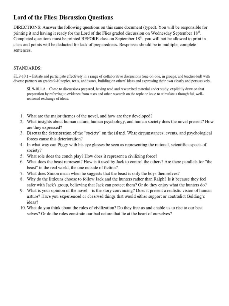Lord of The Flies Discussion Questions | PDF | Epistemology | Cognition