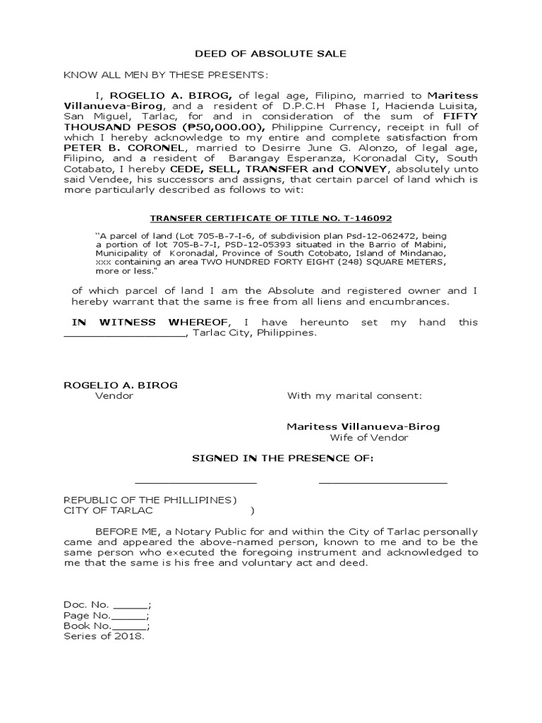 DEED OF ABSOLUTE SALE - Birog | PDF | Politics