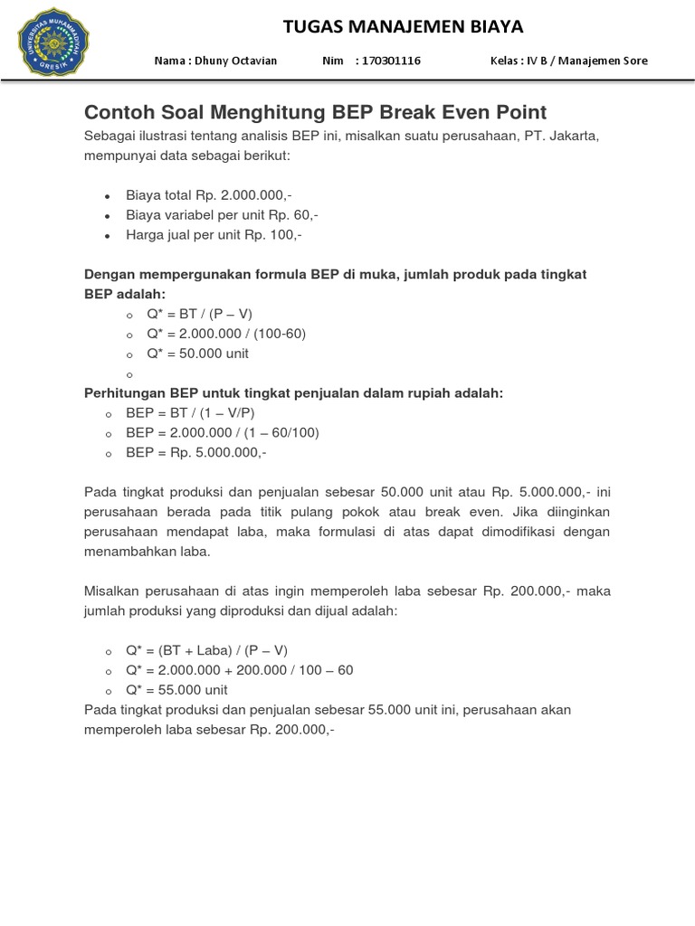 Contoh Soal Menghitung BEP Break Even Point | PDF