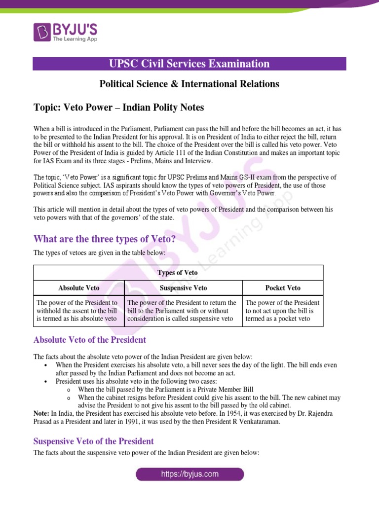 Veto Power Indian Polity Notes PDF | PDF | Veto | Bill (Law)