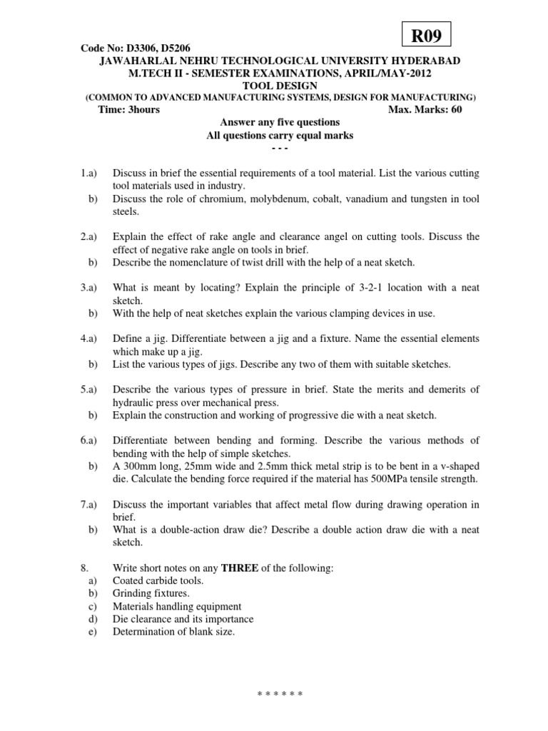 Advanced Tool Design Question Paper | PDF | Metalworking | Manufactured ...