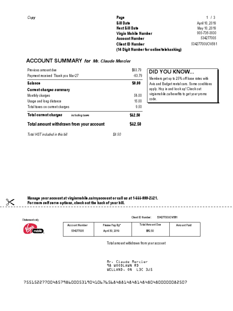 Virgin Mobile Bill Breakdown | PDF | Payments | Cheque