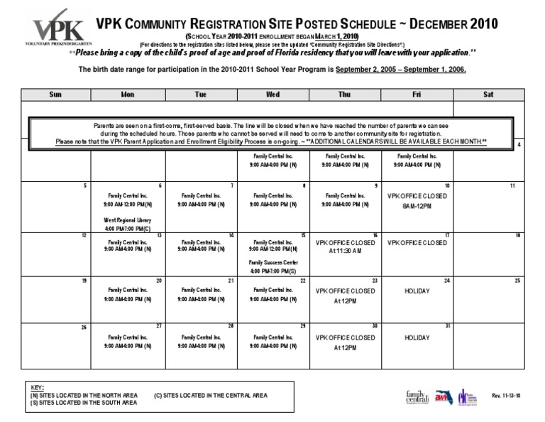 VPK Registration Schedule December 2010 | PDF