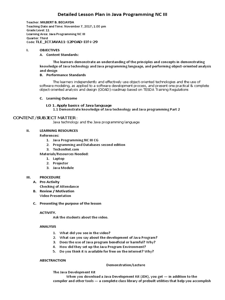 Detailed Java Lesson Plan Breaks Down Programming Environment | PDF ...