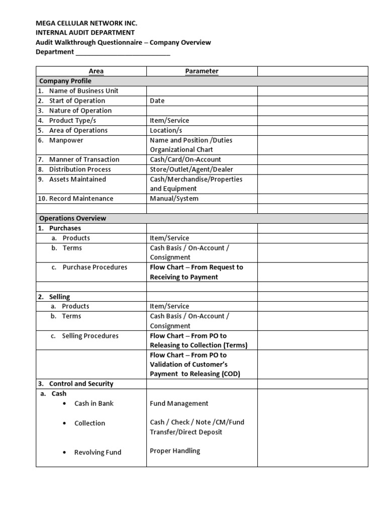 Audit Walkthrough Questionnaire Template | PDF | Payments | Banks