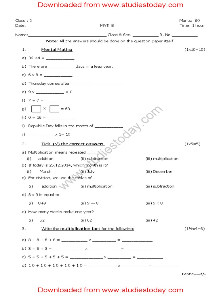 Class 2 Maths Exam Paper | PDF | Teaching Mathematics
