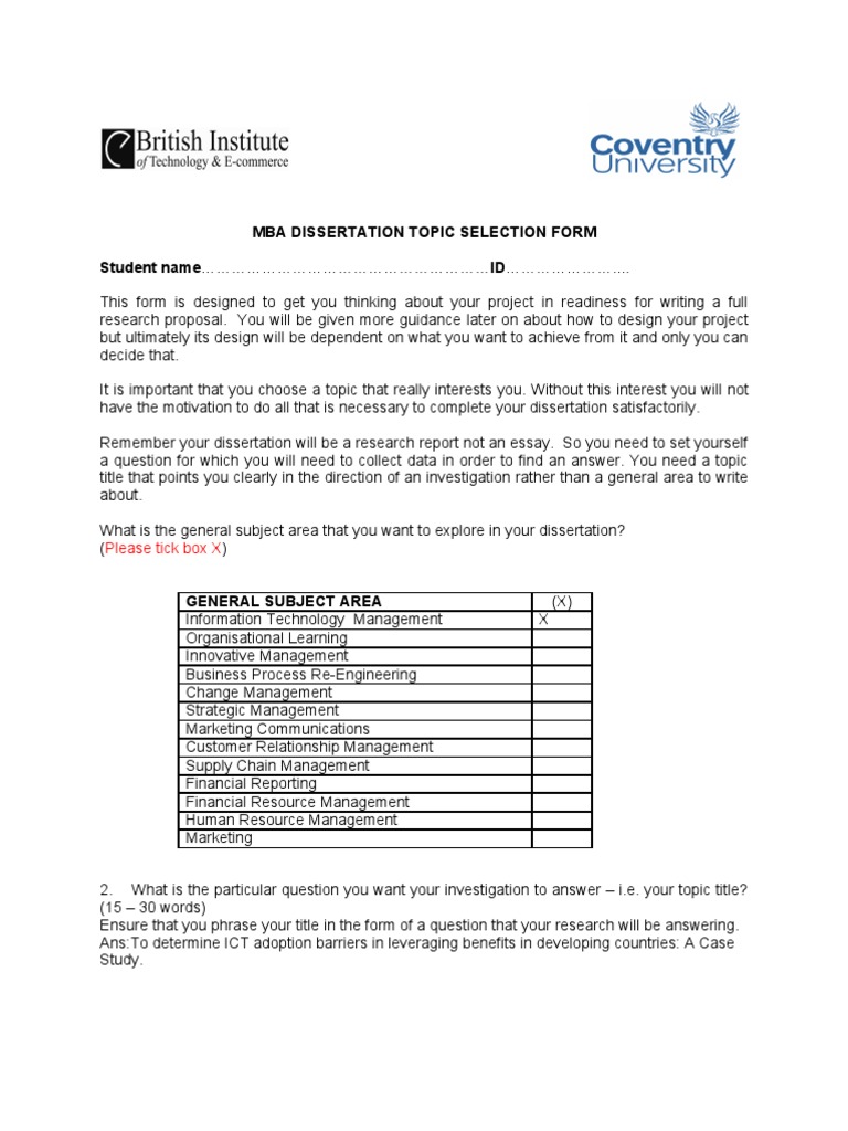 Mba Dissertation Topic Selection Form Student Name ID ... | PDF | E ...