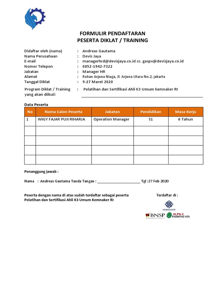 Formulir Pendaftaran Ahli K3 Umum - PT Devis Jaya PDF | PDF