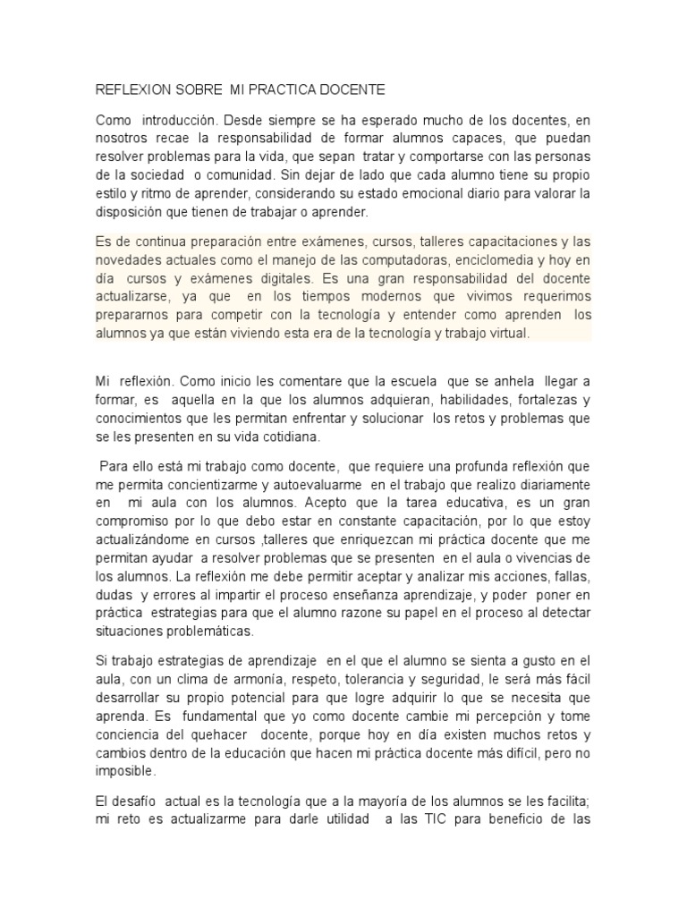 Reflexion Sobre Mi Practica Docente | PDF