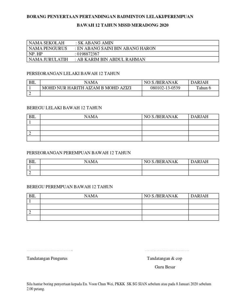 Borang Badminton | PDF