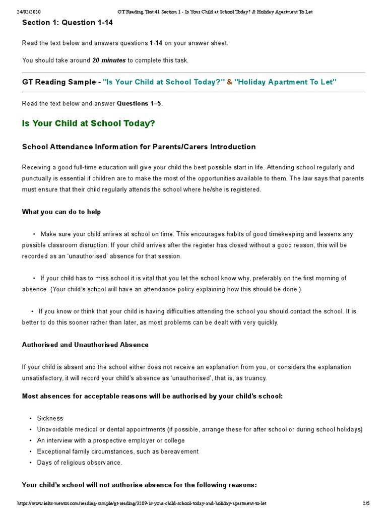 GT Reading Test 41 Section 1 - Is Your Child at School Today ...
