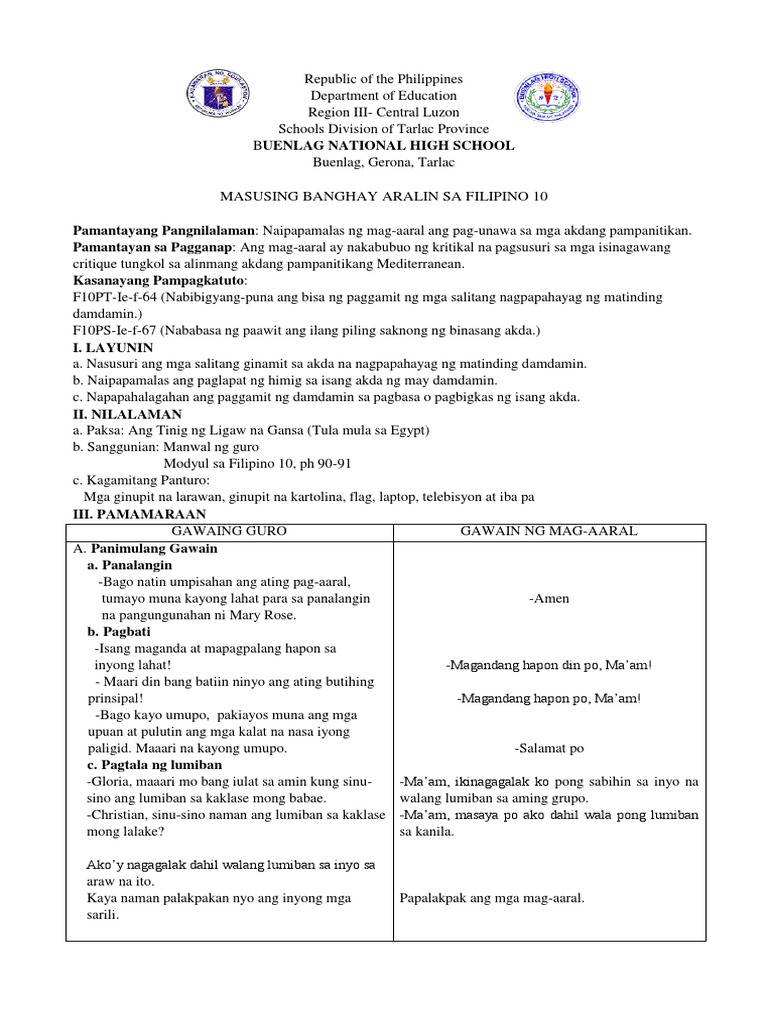 Detailed Lesson Plan Fil.10 4th Q Tula | PDF