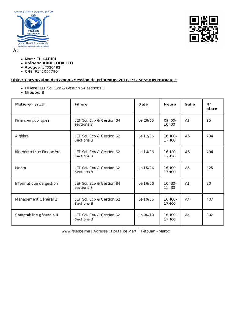 Convocation Examen 1819-8 | PDF