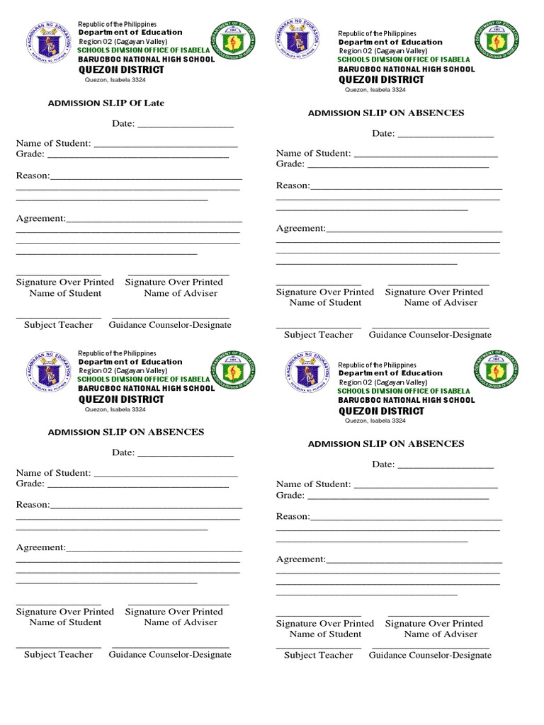 Admission Slips for Students | PDF
