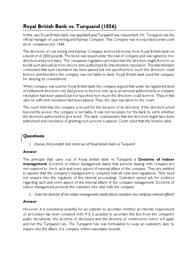Royal British Bank vs. Turquand (1856) | PDF | Law
