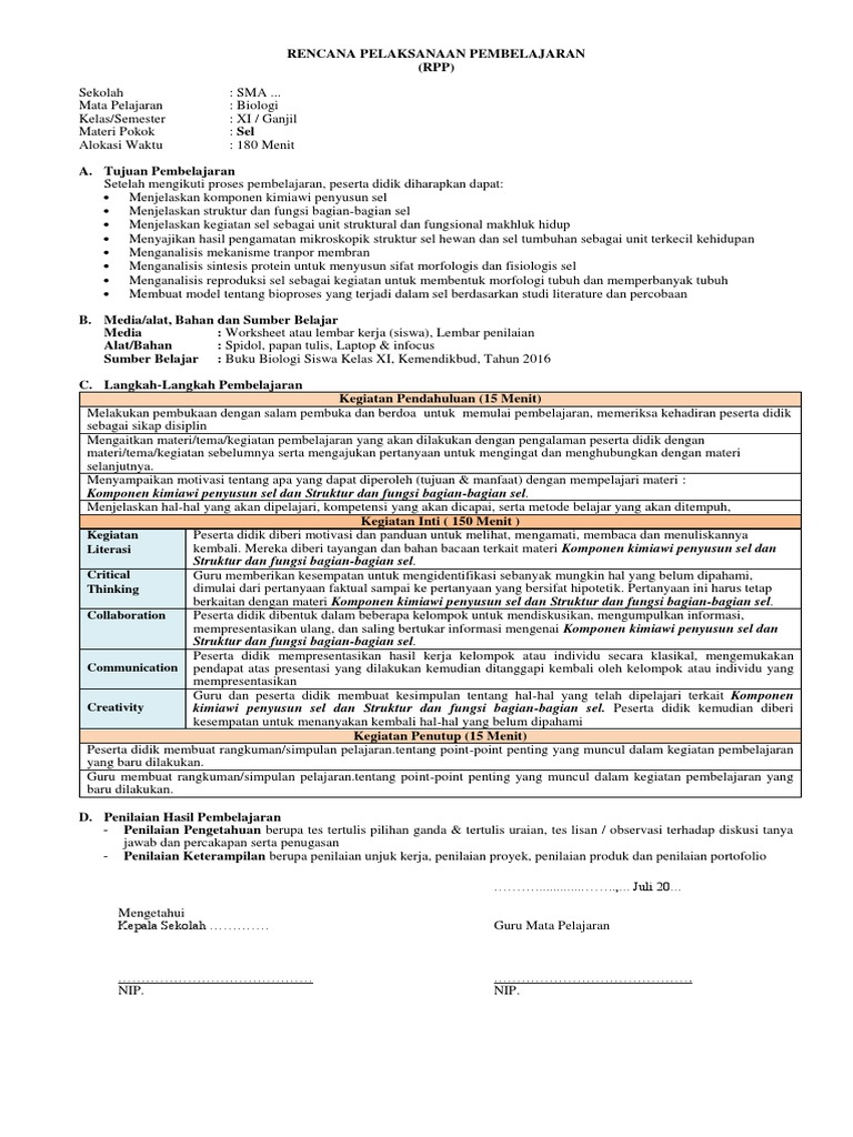 Sample RPP Biologi 1 Lembar | PDF