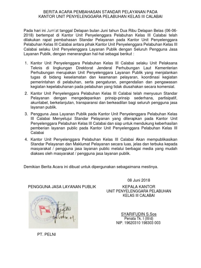 Berita Acara Pembahasan Standar Pelayanan Pada Unit Penyelenggara Layanan Publik | PDF