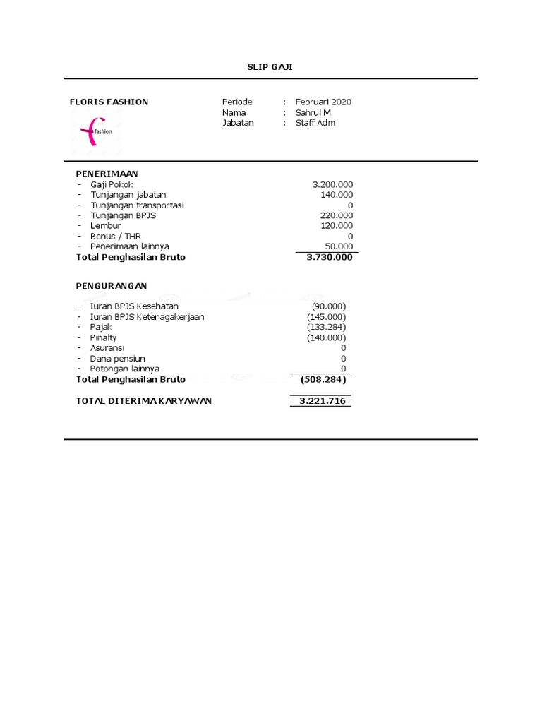 Slip Gaji Karyawan Sahrul M 2020 | PDF