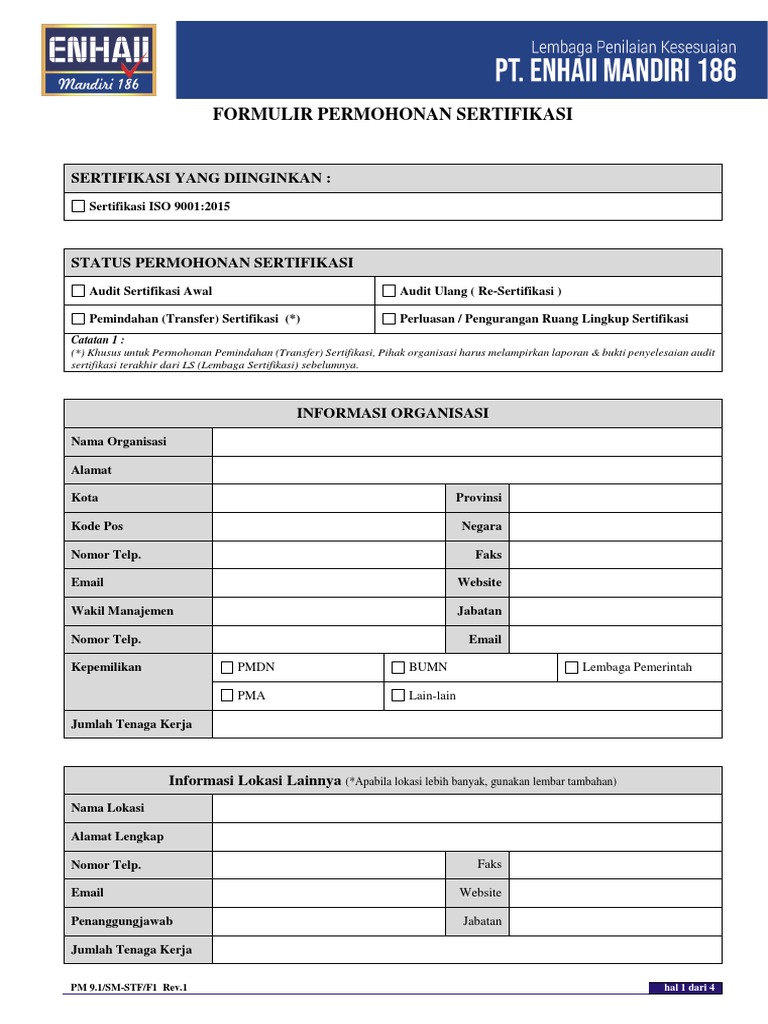 (R1) Form Permohonan Sertifikasi ISO 9001 | PDF