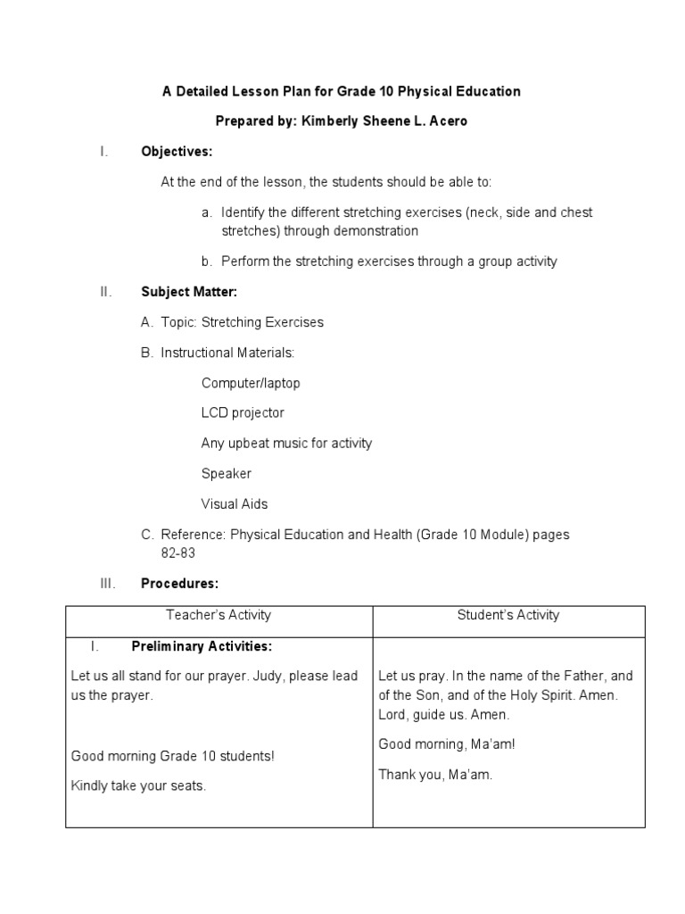 A Detailed Lesson Plan For Grade 10 Physical Education PDF