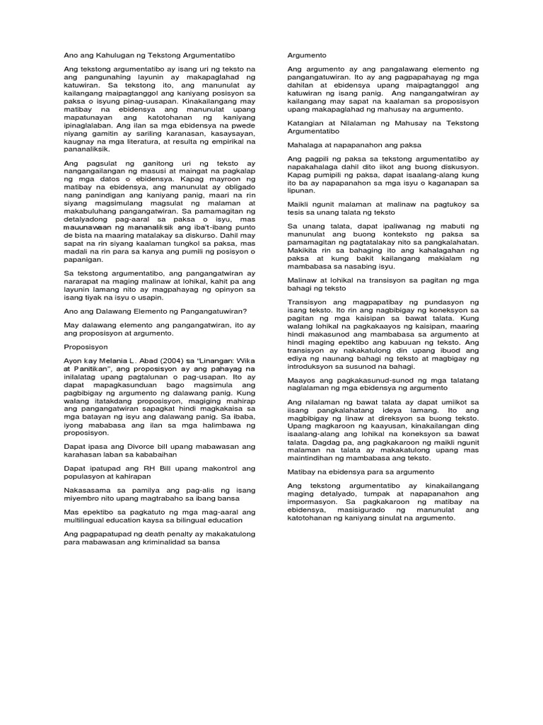 Ano Ang Kahulugan NG Tekstong Argumentatibo | PDF