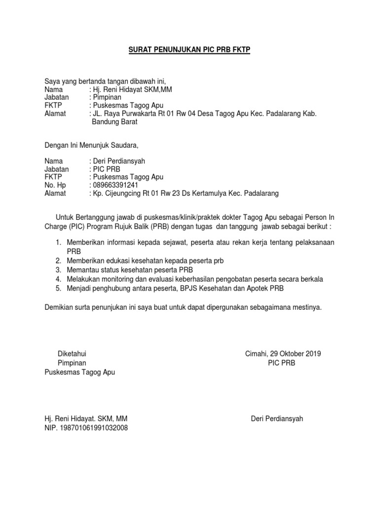 Surat Penunjukan Pic PRB FKTP | PDF