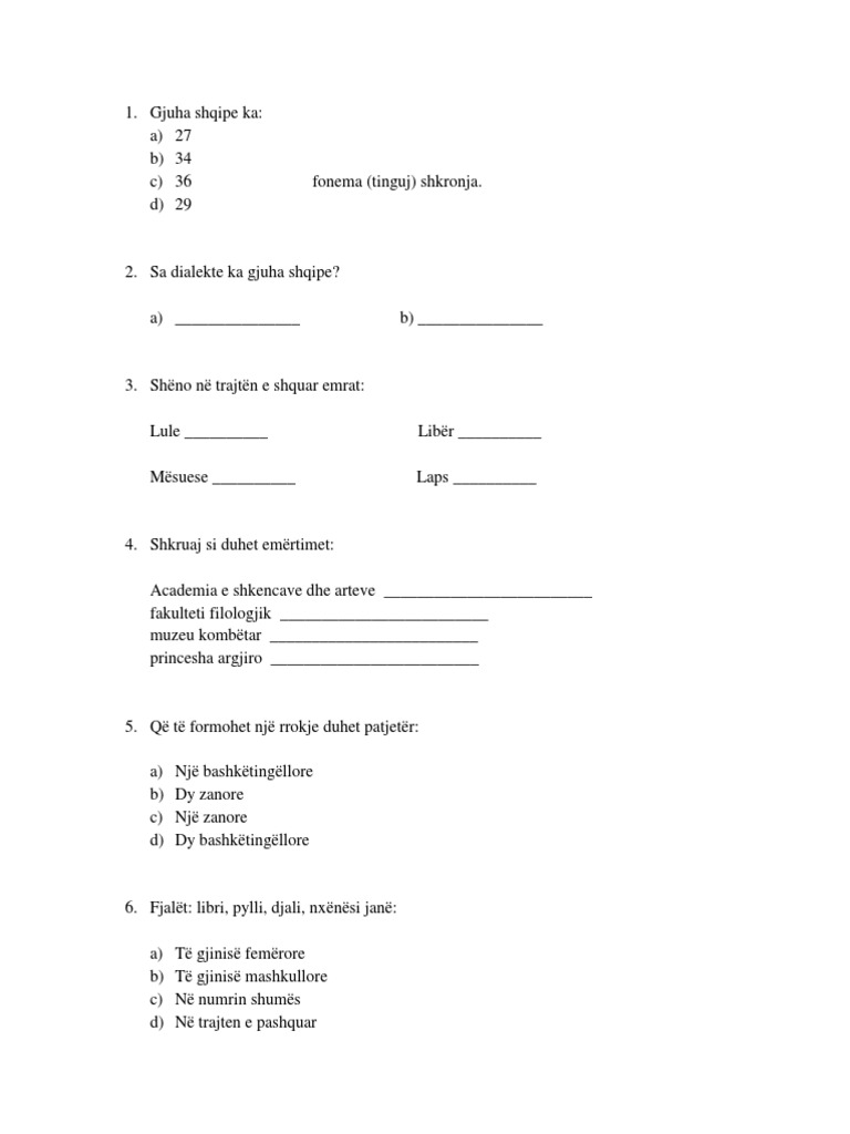 Gjuhe Shqipe (Kuiz) kl.5 | PDF
