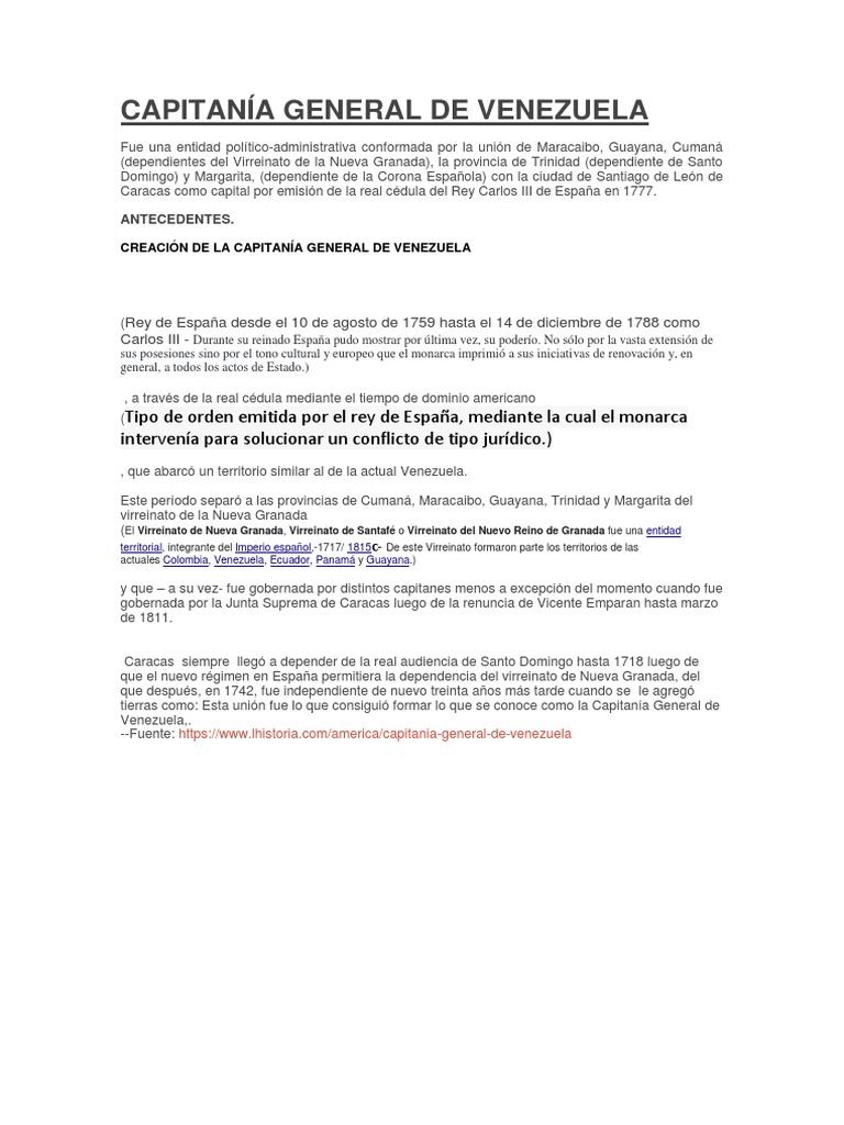 La Capitanía General de Venezuela Se Creó en 1777 y Fue Considerada y ...