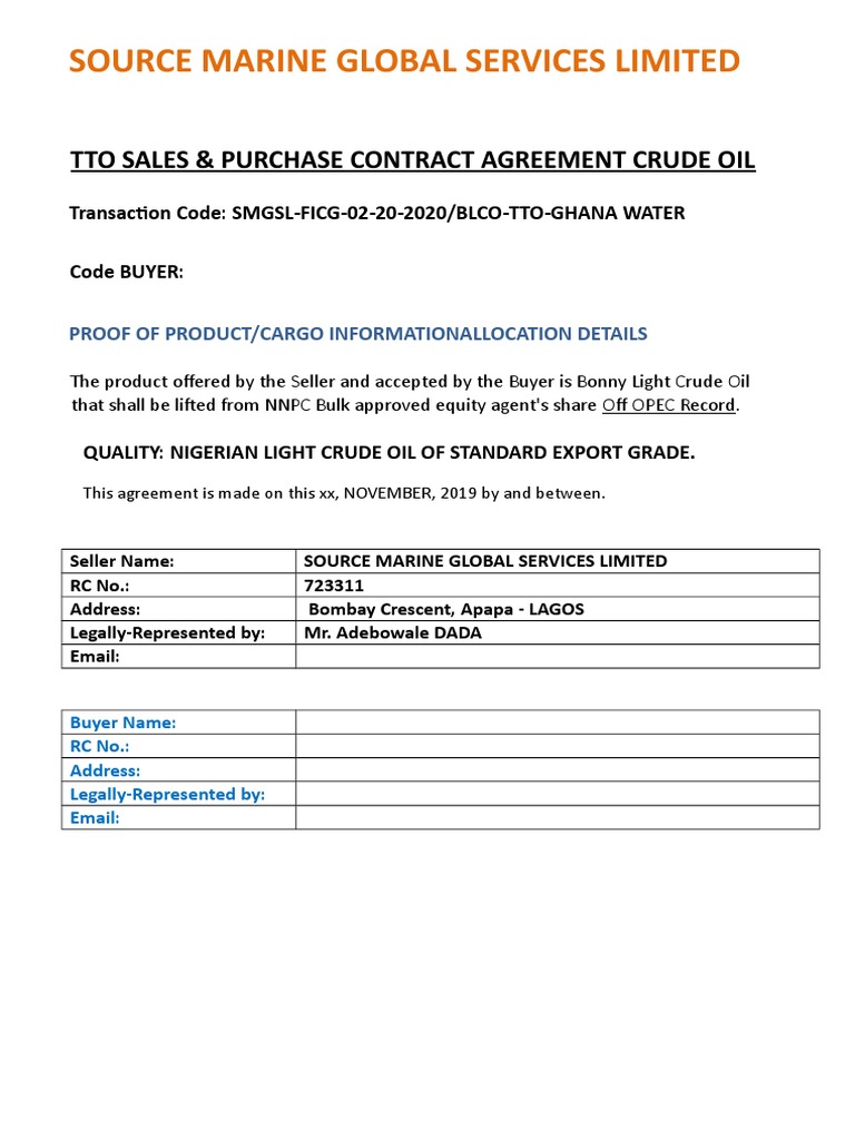 Nigerian Crude Oil Sales Agreement for 2 Million Barrels of Bonny Light ...