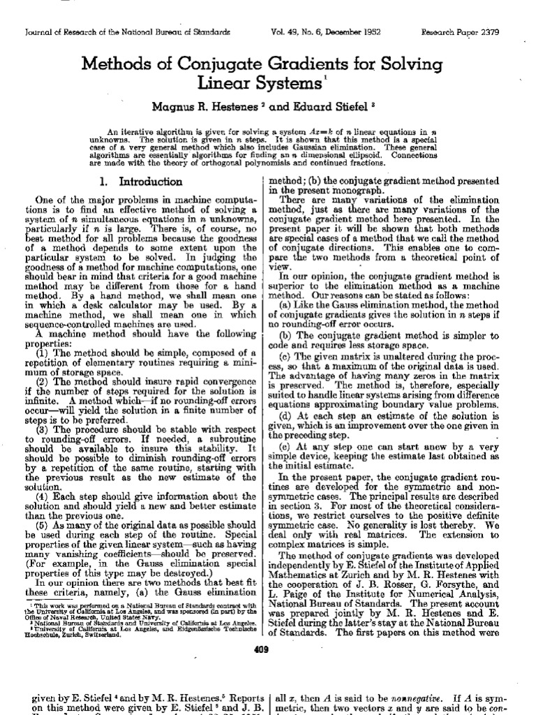 Methods of Conjugate Gradients For Solving Linear Systems | PDF ...