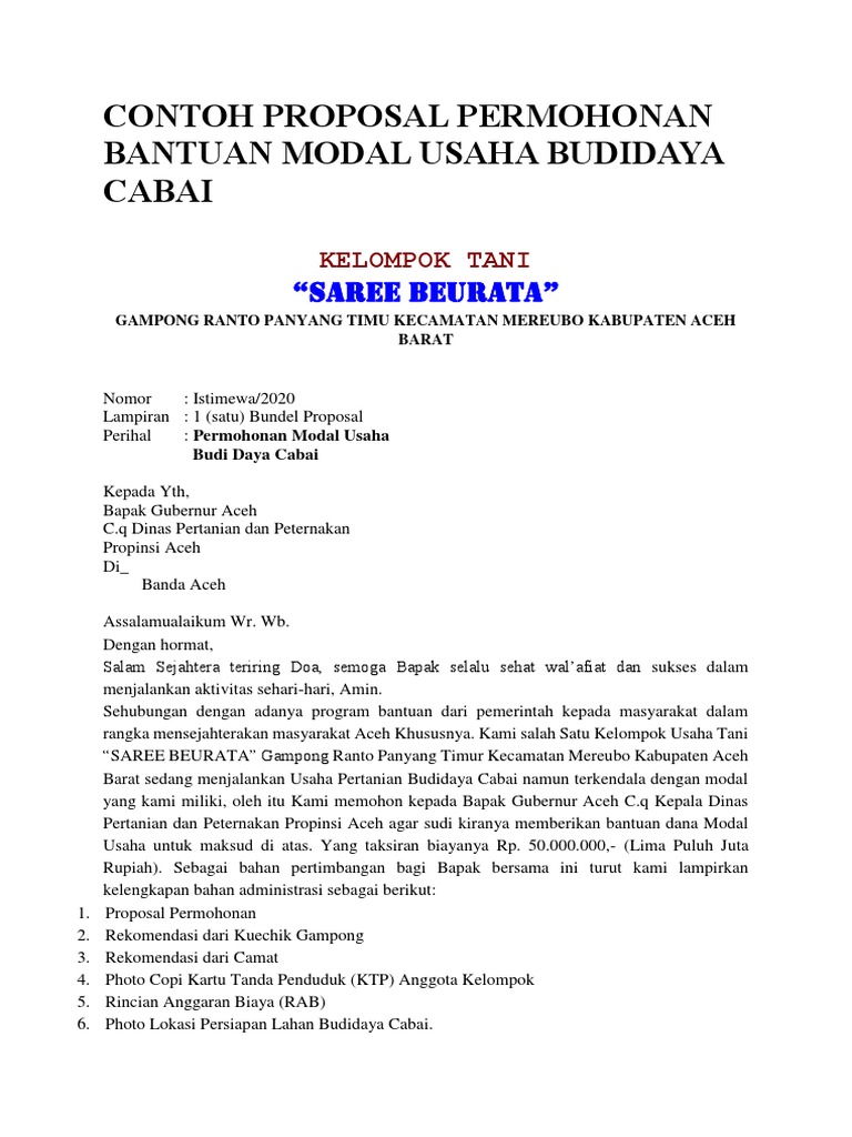 Contoh Proposal Permohonan Bantuan Modal Usaha Budidaya Cabai | PDF