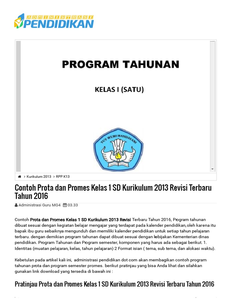 Contoh Prota Dan Promes Kelas 1 SD Kurik PDF | PDF
