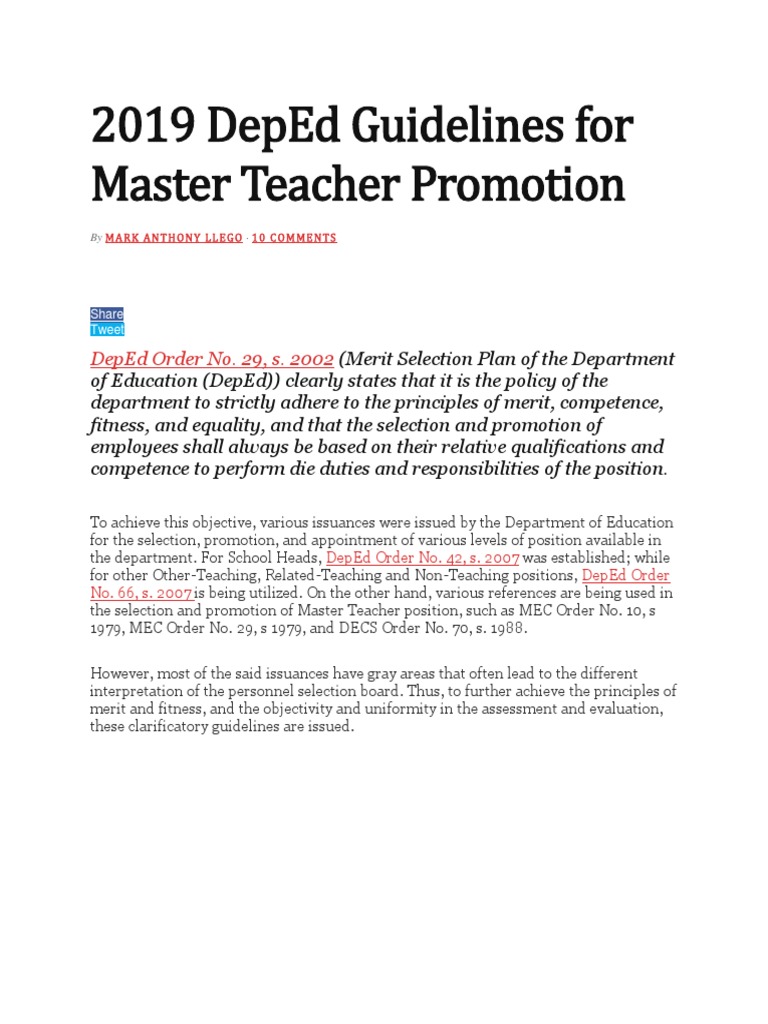 2019 DepEd Guidelines For Master Teacher Promotion | PDF