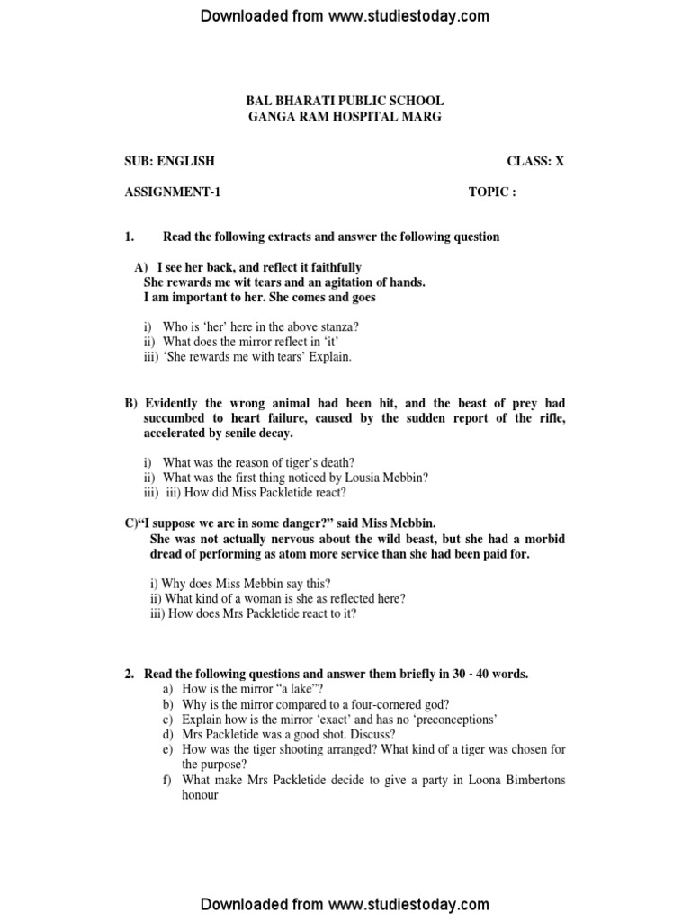 CBSE Class 10 English Worksheet
