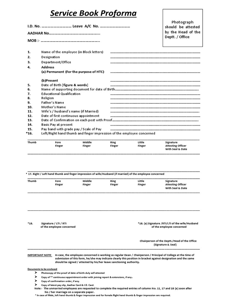 AMU Service Book Proforma | PDF
