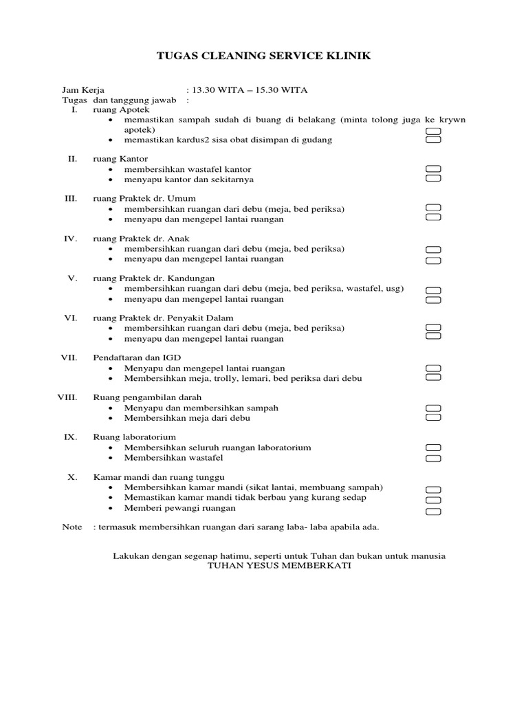 TUGAS CLEANING SERVICE KLINIK Jobdesk | PDF