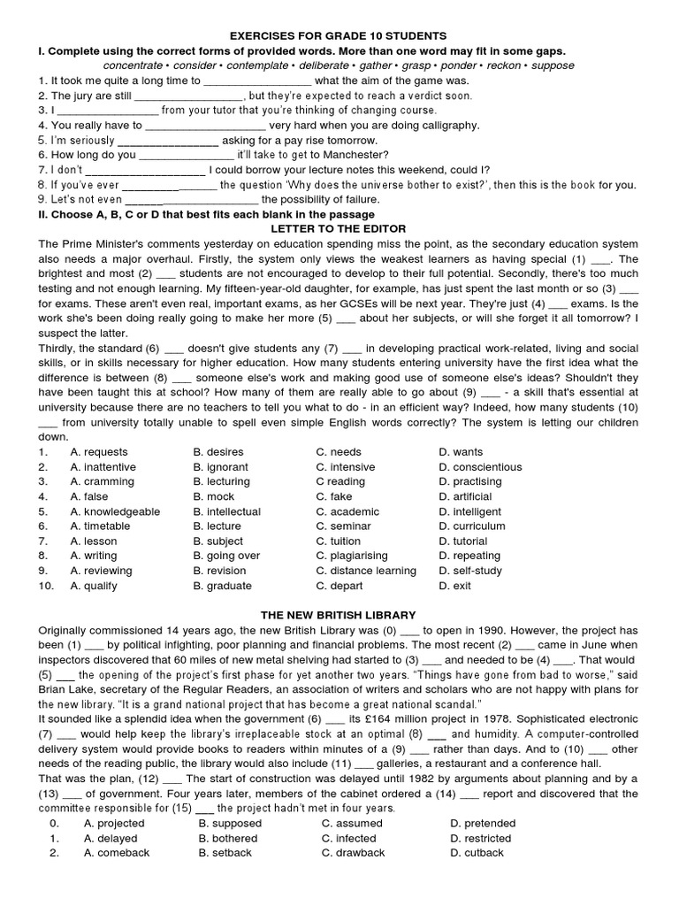 Exercises For Grade 10 Students | PDF