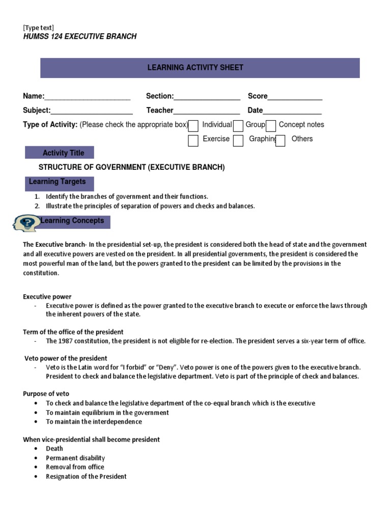 HUMSS 124 Executive Branch | PDF | Social Science | Law